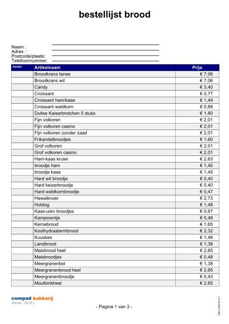 bestellijst brood - Bakkerij Jacobs