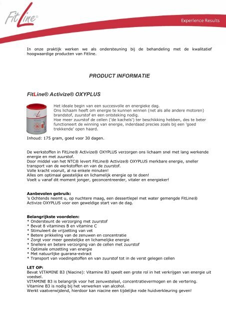 PRODUCT INFORMATIE FitLine® Activize® OXYPLUS