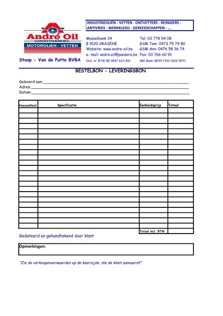 Stoop - Van de Putte BVBA BESTELBON - LEVERINGSBON ...