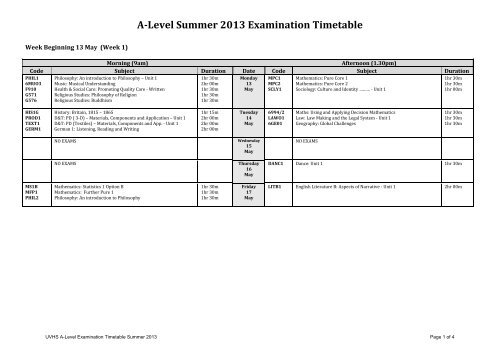 A level Summer 2013 exam timetable