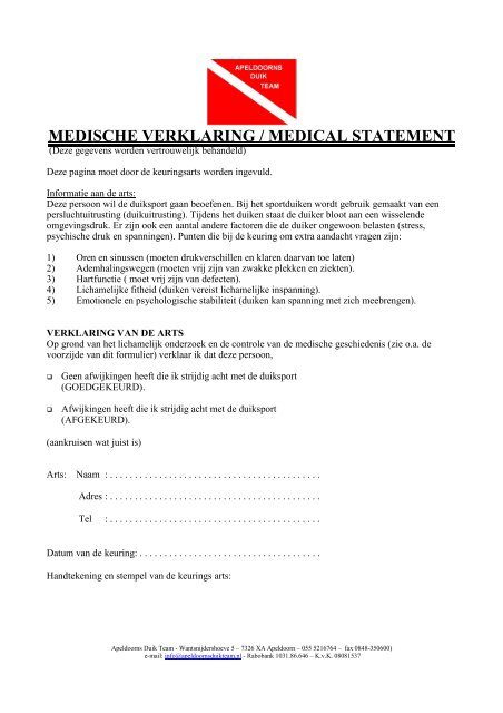 medische verklaring / medical statement - Apeldoorns Duik Team