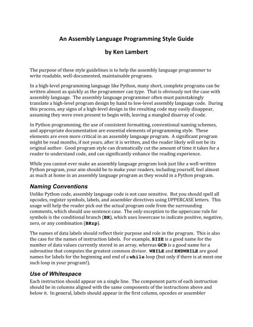 An Assembly Language Programming Style Guide by Ken Lambert