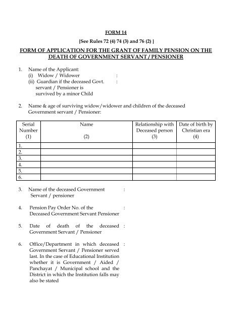 FORM OF APPLICATION FOR THE GRANT OF FAMILY PENSION ...