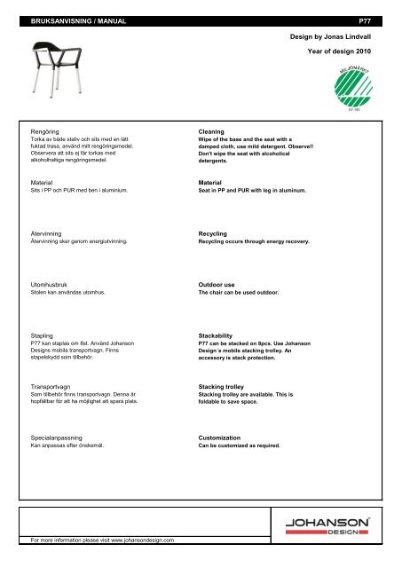 BRUKSANVISNING / MANUAL P77 Design by ... - Johanson Design