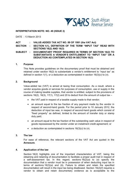 INTERPRETATION NOTE: NO. 49 (ISSUE 2) DATE : 13 March ... - Sars