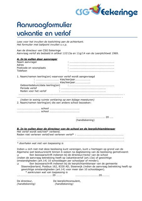 Aanvraagformulier vakantie en verlof - CSG Eekeringe