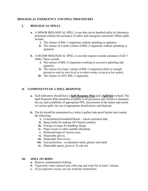 BIOLOGICAL EMERGENCY AND SPILL PROCEDURES I ... BIOLOGICAL EMERGENCY AND SPILL PROCEDURES I ...
