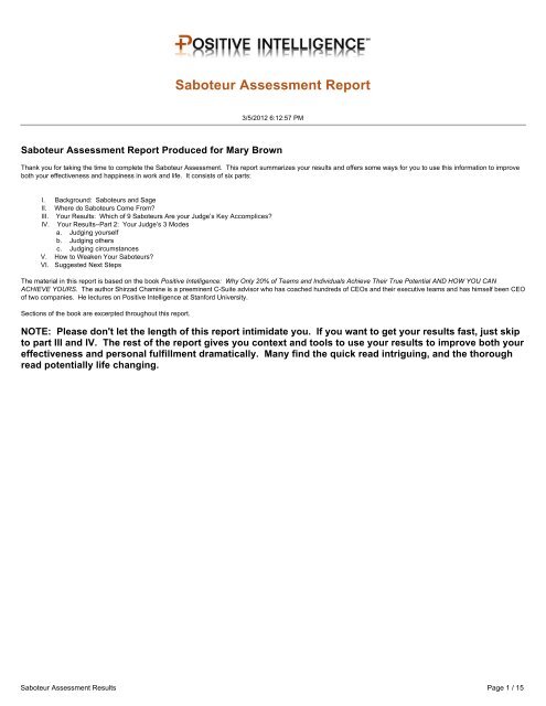Saboteur Assessment Result Sample - Positive Intelligence
