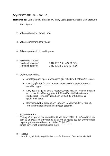 Protokoll ordinarie styrelsemöte