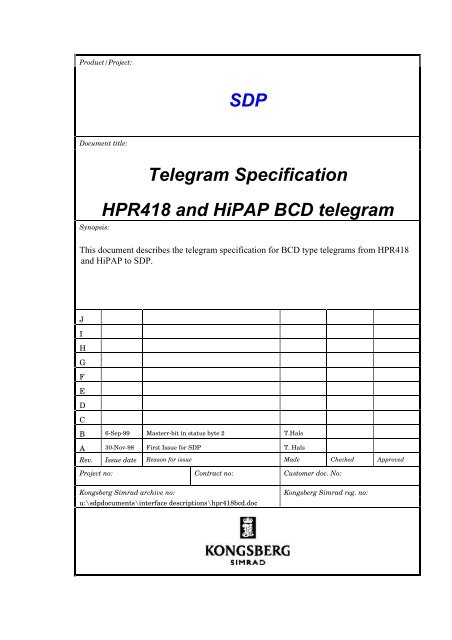 SDP Telegram Specification HPR418 and HiPAP BCD telegram