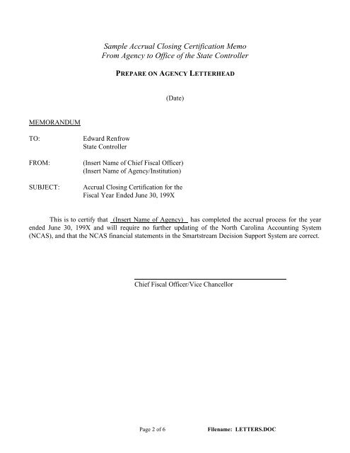 Sample Accrual Closing Certification Memo From Agency to Office of ...
