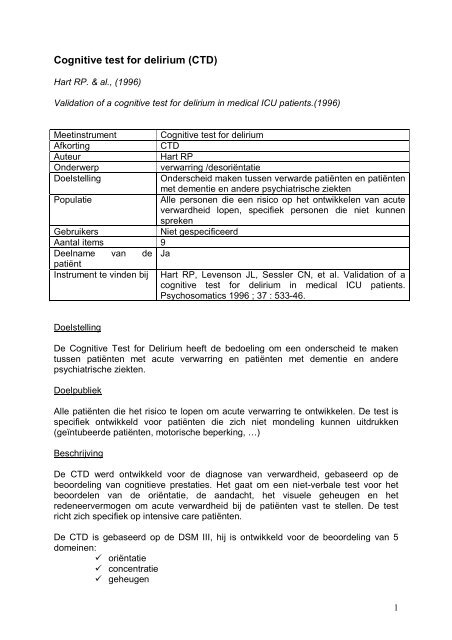 Cognitive test for delirium (CTD)