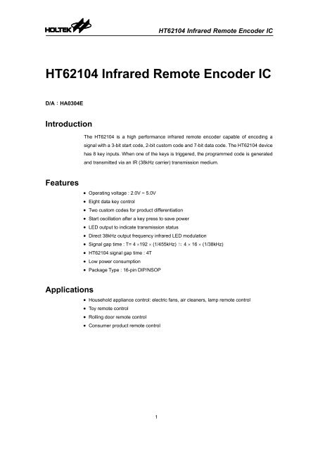 HT62104 Infrared Remote Encoder IC - Holtek