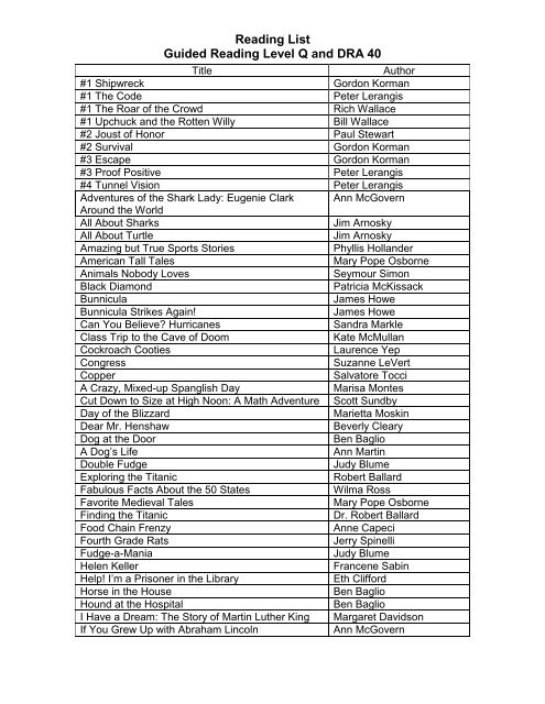 Reading List Guided Reading Level Q and DRA 40 - Rocky River ...