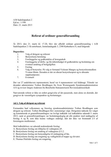 Referat af ordinær generalforsamling - Sadolinparken 2