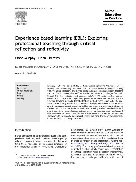 Experience based learning (EBL): Exploring professional teaching ...