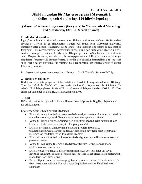 Utbildningsplan (PDF) - Blekinge Tekniska Högskola