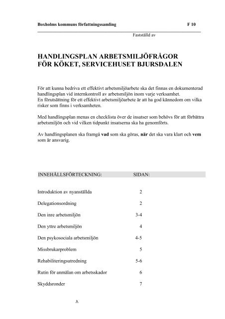 handlingsplan arbetsmiljöfrågor för köket, servicehuset bjursdalen