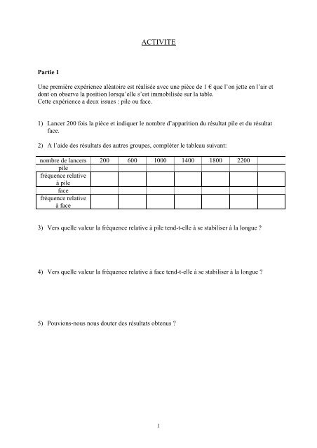 Activité Introduction aux probabilités Activité Introduction aux probabilités