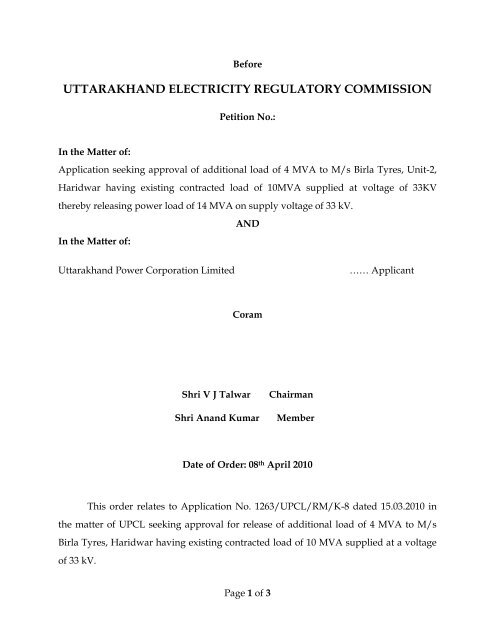 UTTARAKHAND ELECTRICITY REGULATORY COMMISSION - UPCL