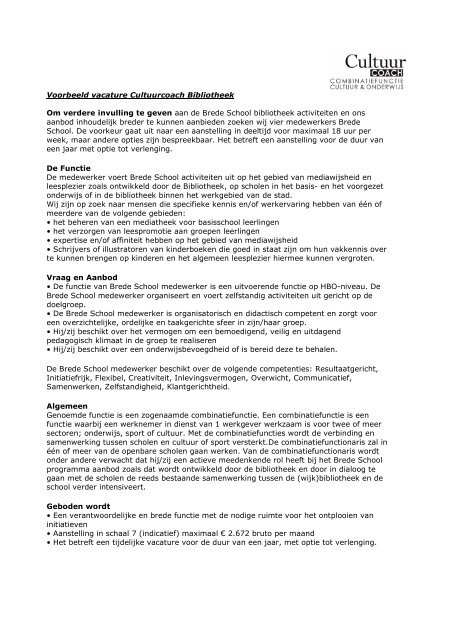 Voorbeeld vacature Cultuurcoach Bibliotheek Om verdere invulling ...