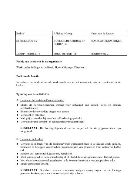 Bekijk het functieprofiel voor horecamedewerkers - Steinerbos