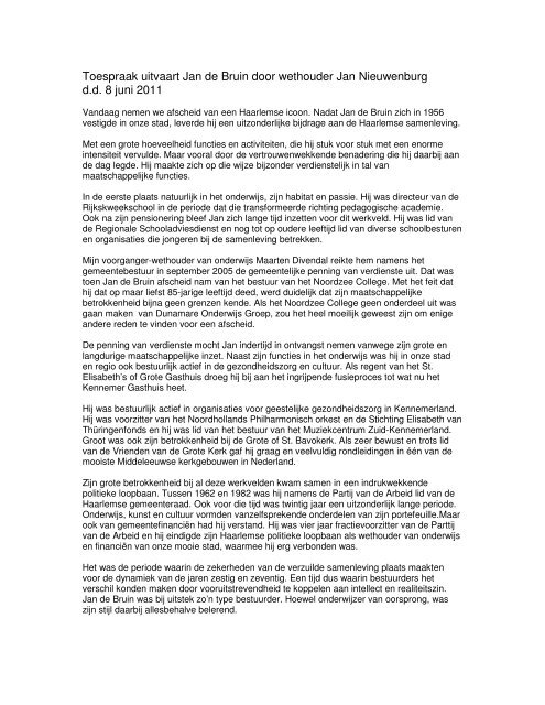 Toespraak uitvaart Jan de Bruin door wethouder Jan Nieuwenburg ...