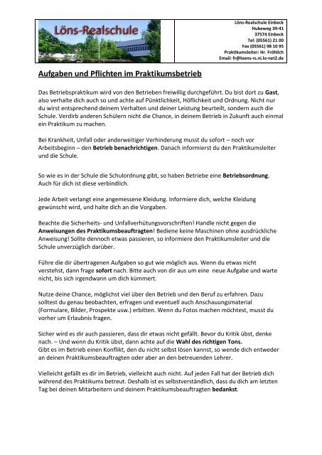 Angaben zum Praktikum Pra