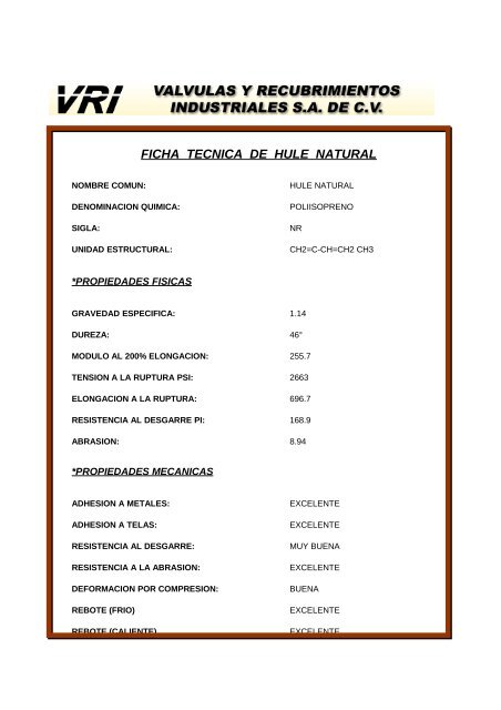 ficha tecnica de hule natural - Valvulas y Recubrimientos Industriales
