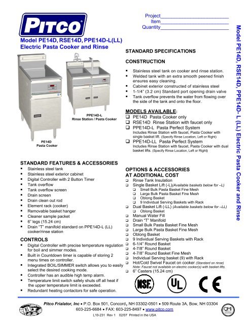 Model PE14D,RSE14D,PPE14D-L(LL) Electric Pasta Cooker ... - Pitco