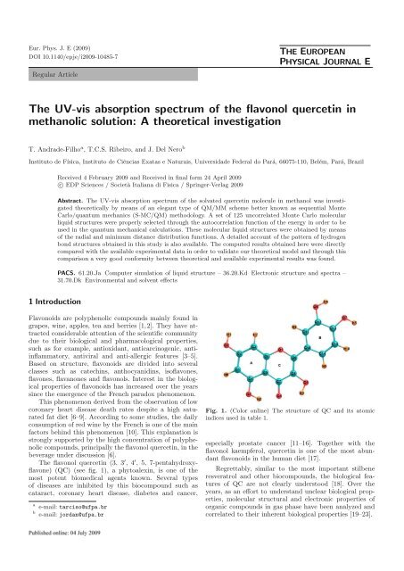The UV-vis absorption spectrum of the flavonol quercetin in ...