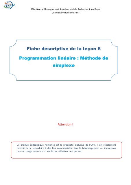 Programmation linéaire : Méthode de simplexe - Université Virtuelle ...