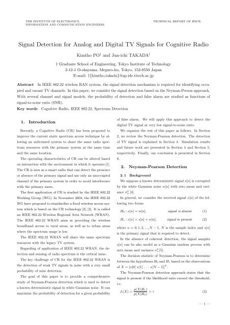 Signal Detection For Analog And Digital Tv Signals For Cognitive Radio
