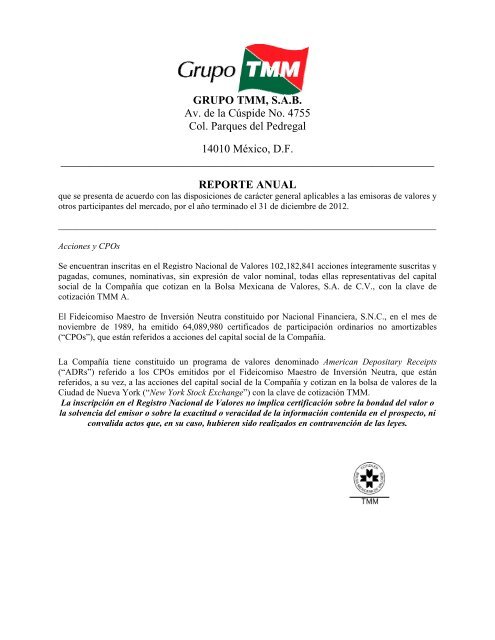 GRUPO TMM, S.A.B. Av. de la Cúspide No. 4755 Col. Parques del ...