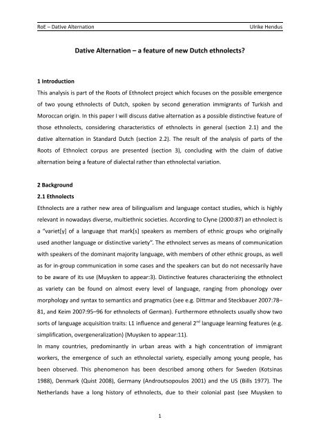 Dative Alternation – a feature of new Dutch ethnolects? - Roots of ...