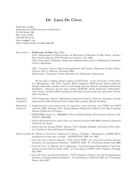 Dr. Luca De Cicco - C3lab - Politecnico di Bari