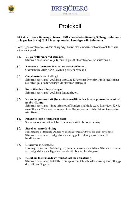 Protokoll årsstämma 2013 - BRF Sjöberg