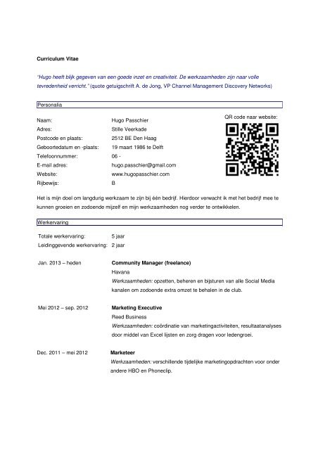 Curriculum Vitae “Hugo heeft blijk gegeven van ... - Hugo Passchier