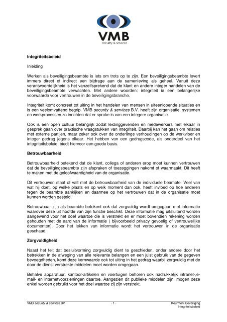 Integriteitsbeleid - VMB - Security & Services