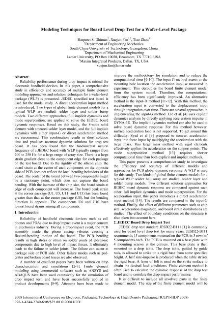Modeling Techniques for Board Level Drop Test ... - Lamar University