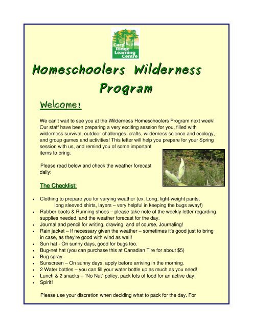 Homeschoolers Wilderness Program - Carp Ridge Learning Centre