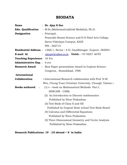 Pri.Dr.A.S.Gor - Pramukh Swami Science & HD Patel Arts College