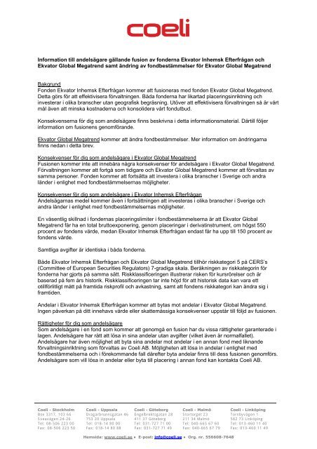 Information till andelsägare gällande fusion av fonderna ... - Coeli