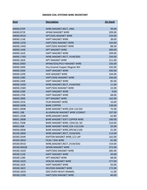 magnet wire inventory - Swiger Coil Systems Inc.