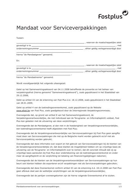 Mandaat voor Serviceverpakkingen - FOST Plus