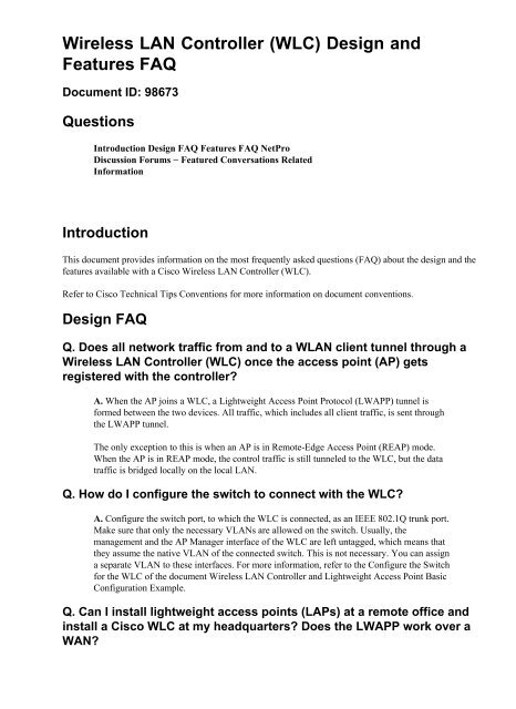Cisco - Wireless LAN Controller (WLC) Design and Features FAQ