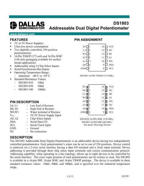 Ds1803 Addressable Dual Digital Potentiometer Free