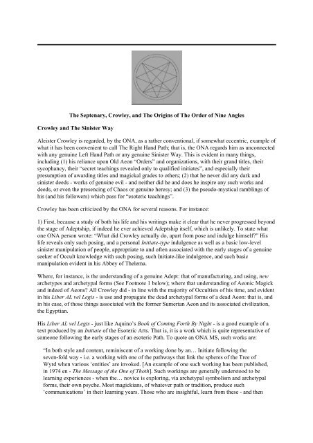 The Septenary, Crowley, and The Origins of The Order of Nine Angles