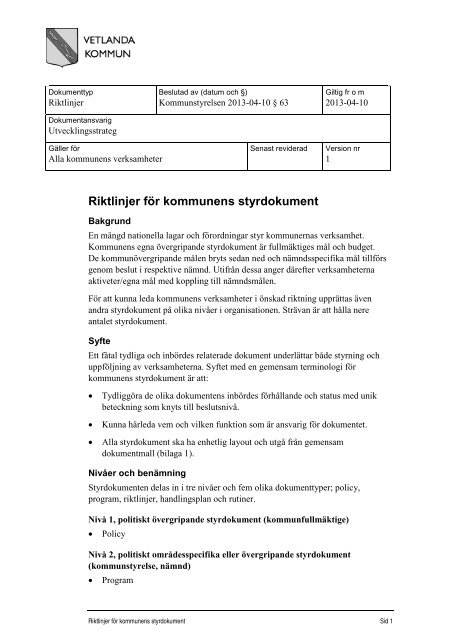 Styrdokument, riktlinjer.pdf - Vetlanda kommun