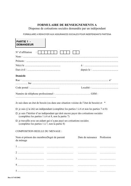 FORMULAIRE DE RENSEIGNEMENTS A Dispense de cotisations ...